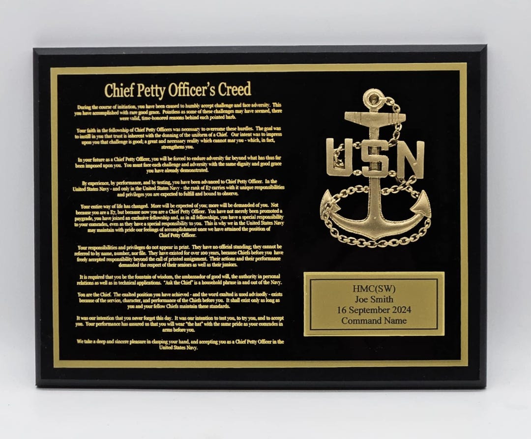 Chief Petty Officer Plaque (CPO) #6 - Black Brass on Black Wood Plaque ...