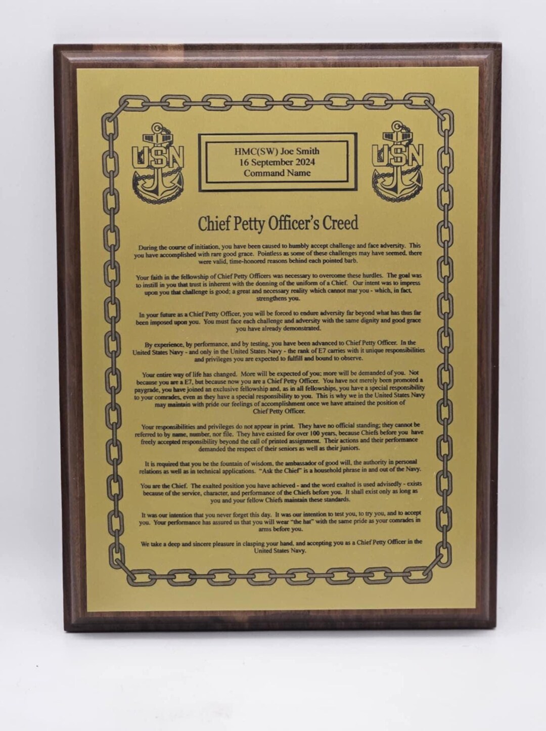 Chief Petty Officer Plaque (CPO) #9 - Solid Walnut Laser Engraved ...