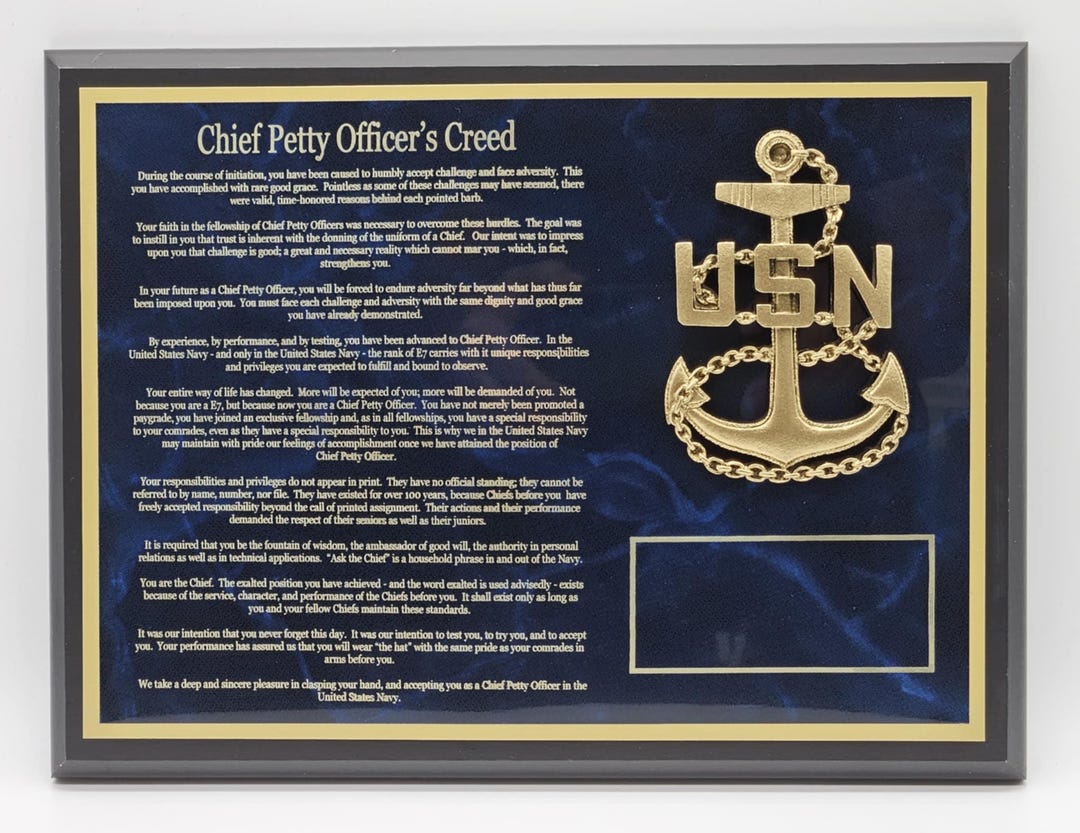 Chief Petty Officer Plaque (CPO) #7 - Blue Marble Brass on Black Plaque ...