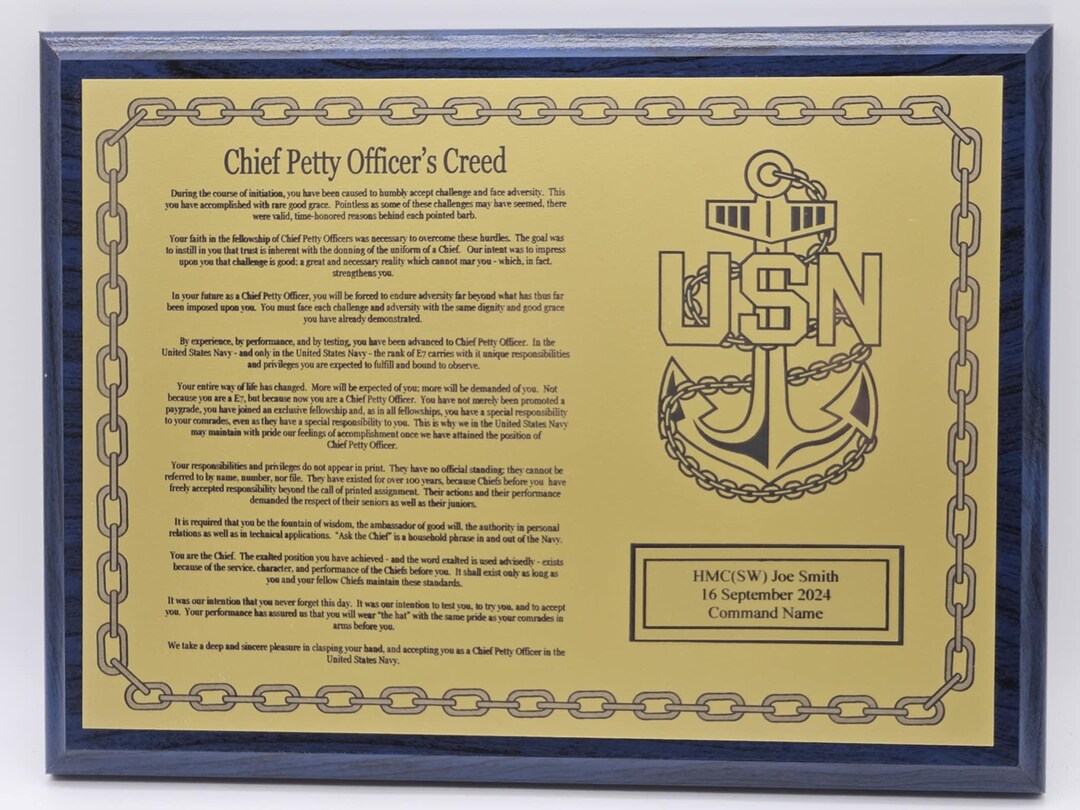 Chief Petty Officer Plaque (CPO) #1 - Gold Face Plate on Blue Plaque W ...