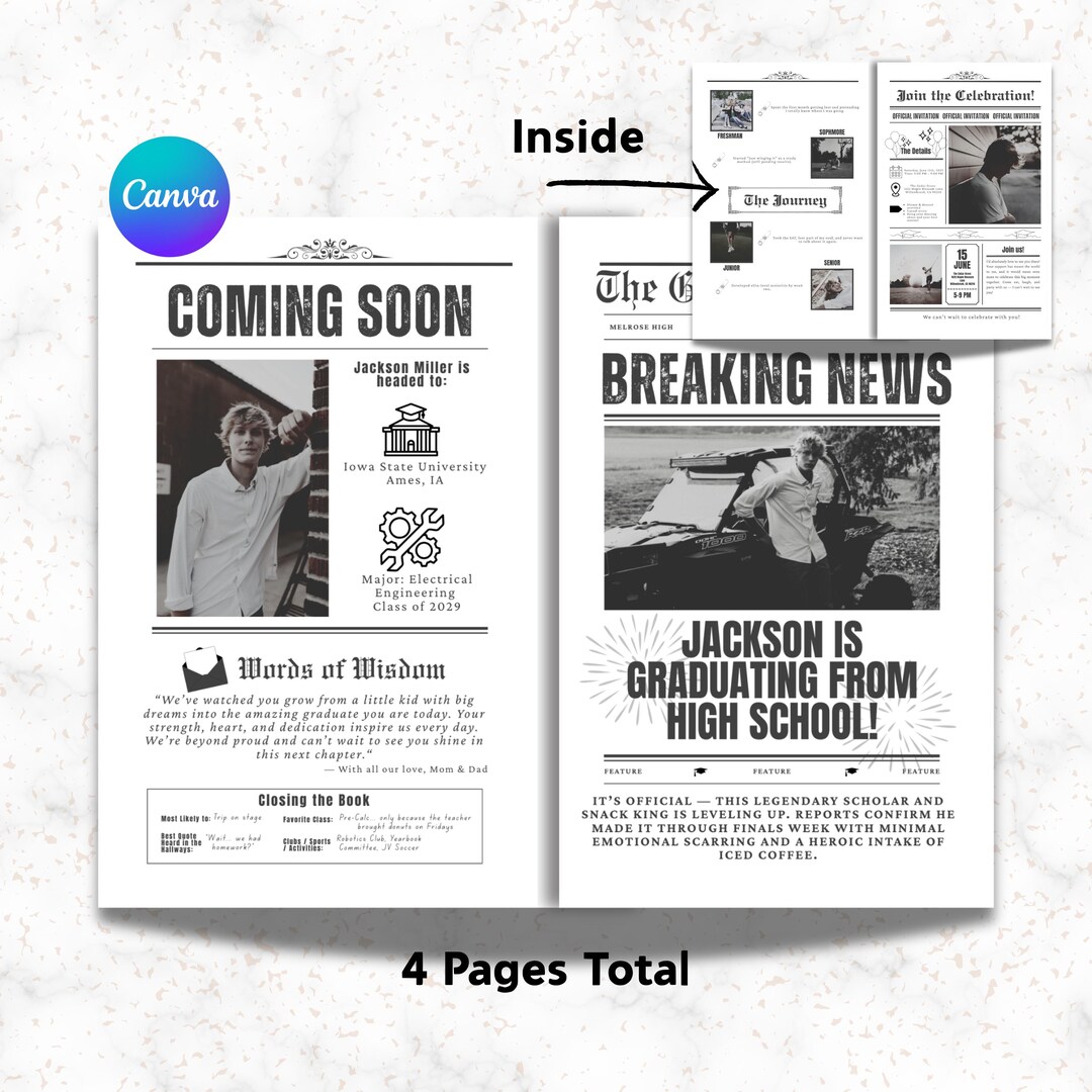Editable Graduation Newspaper Canva Template - Custom Graduation ...