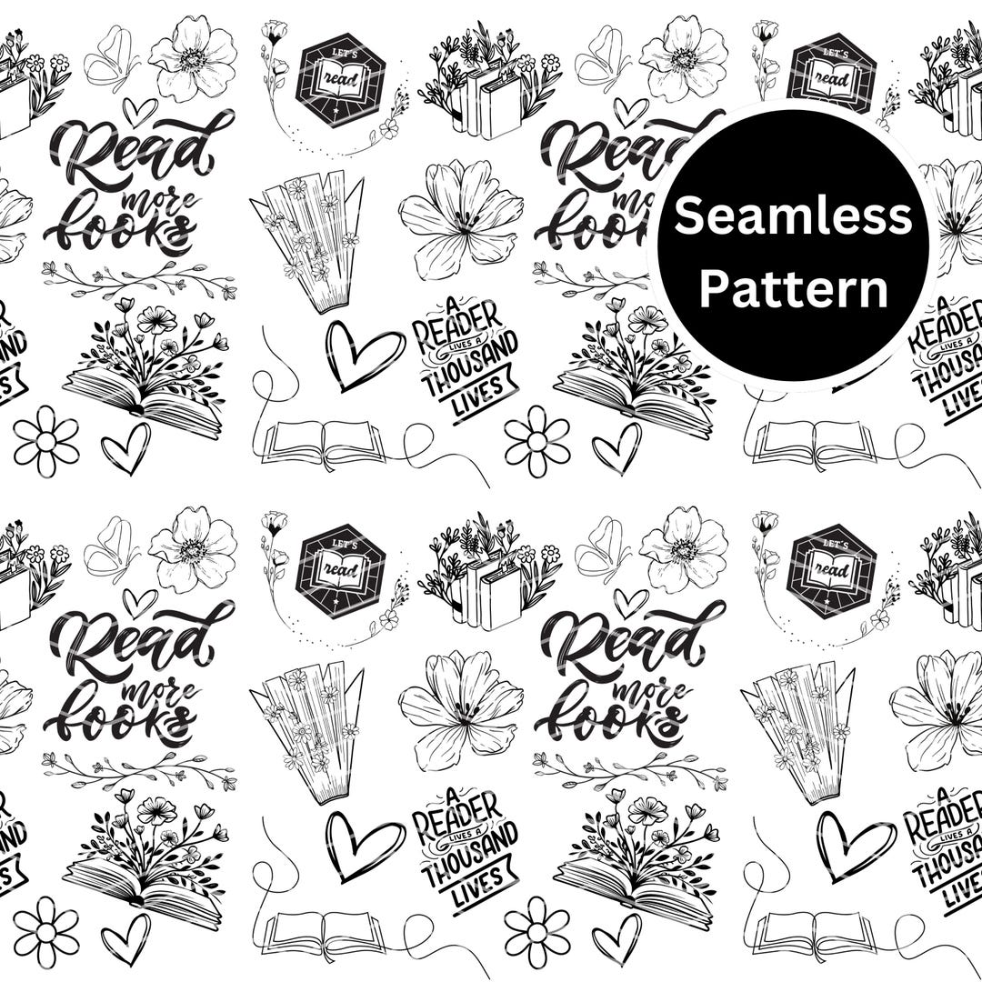 Floral Black and White Book Lover Seamless Pattern - Seamless Book ...