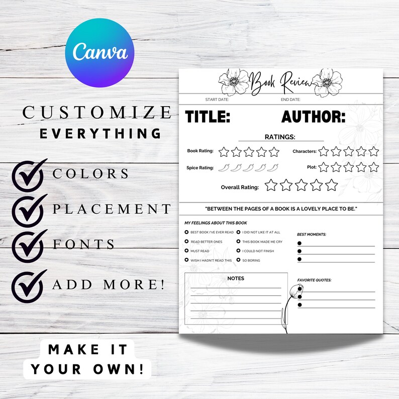 Book Review Template Editable Book Club Review Printable Book Review ...