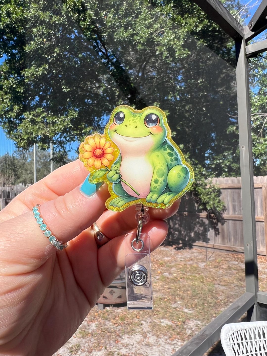 Cute Frog With Flower. Glitter Retractable Badge Reel. Teacher Gift ...