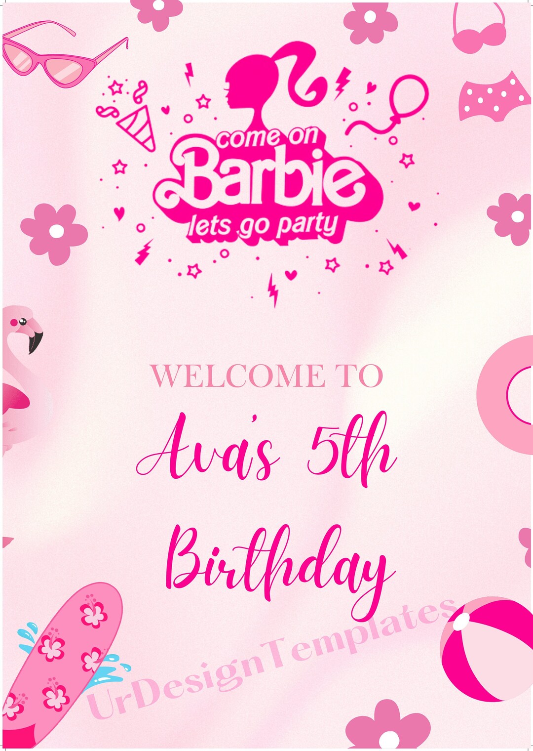 Custom Editable Pink Barbie Themed Party Welcome Poster Sign Template ...