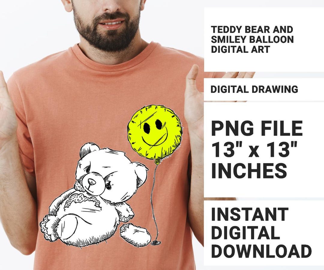 Teddy Bear and Smiley Balloon Digital Art, Teddy Beside Balloon, Teddy ...