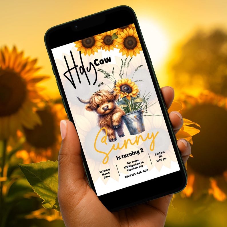 Highland Cow Birthday Invitation With Sunflowers | Editable Canva ...