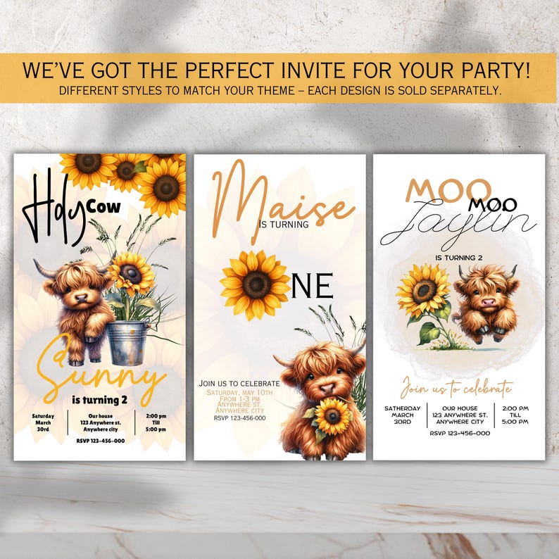 Highland Cow Birthday Invitation With Sunflowers | Editable Canva ...