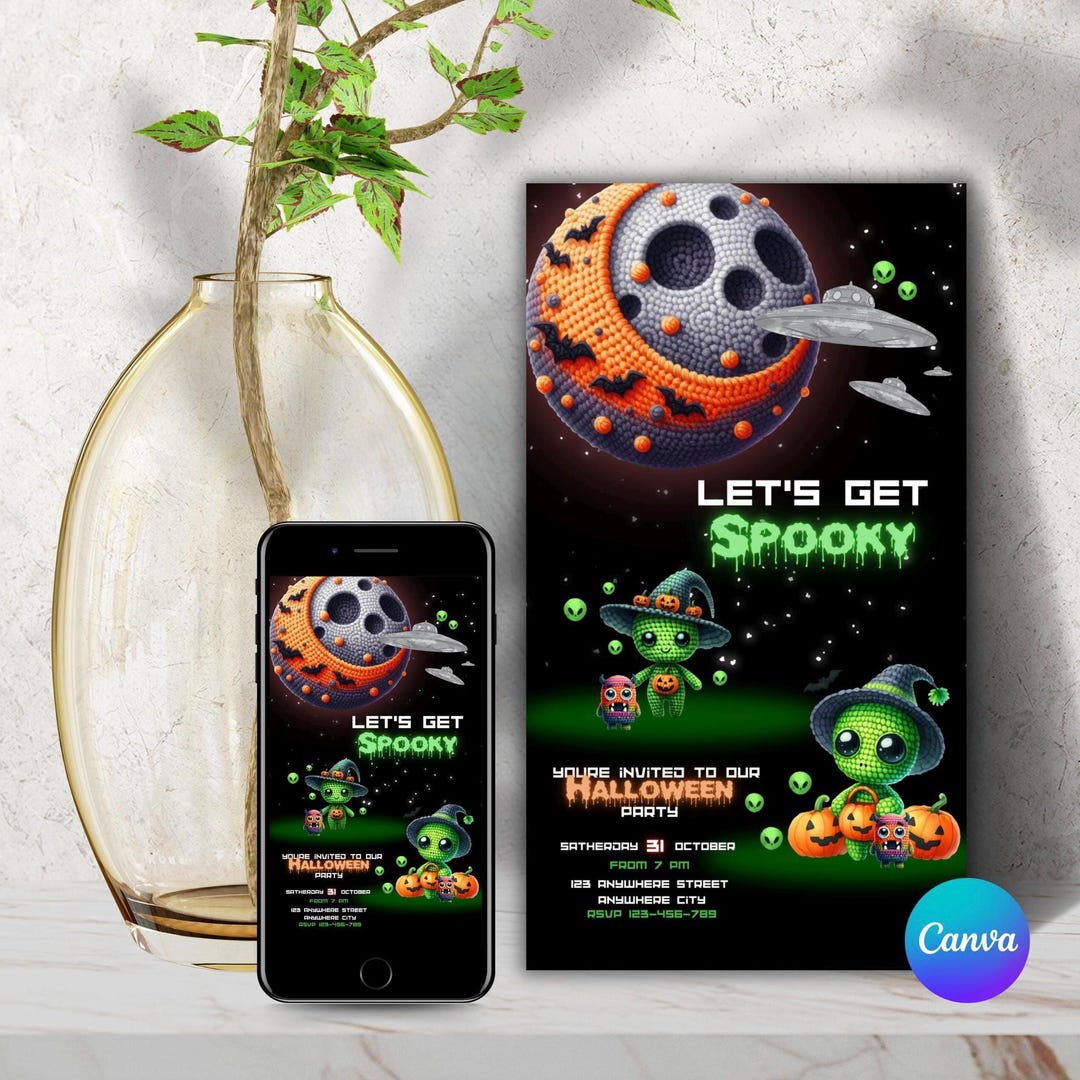 Alien-themed Halloween Party Invitation UFO and Crochet Pumpkins ...