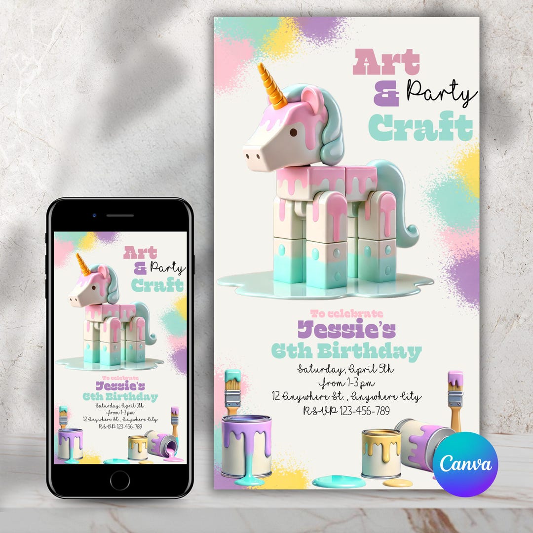 Art and Craft Birthday Invitation | Unicorn Painting Party Invite ...
