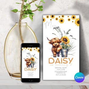 Editable Highland Cow and Sunflower Birthday Invitation, Moo Moo Themed ...
