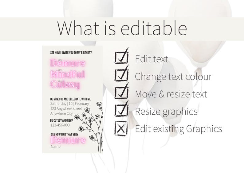 Very Demure Birthday Invitation With Flowers Editable Birthday Party ...