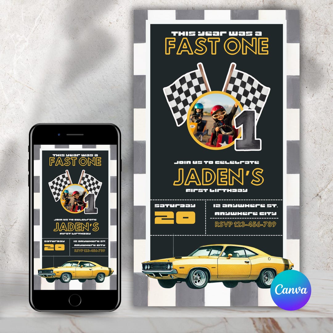 Editable Fast One Race Car Birthday Invitation – Yellow Muscle Car ...