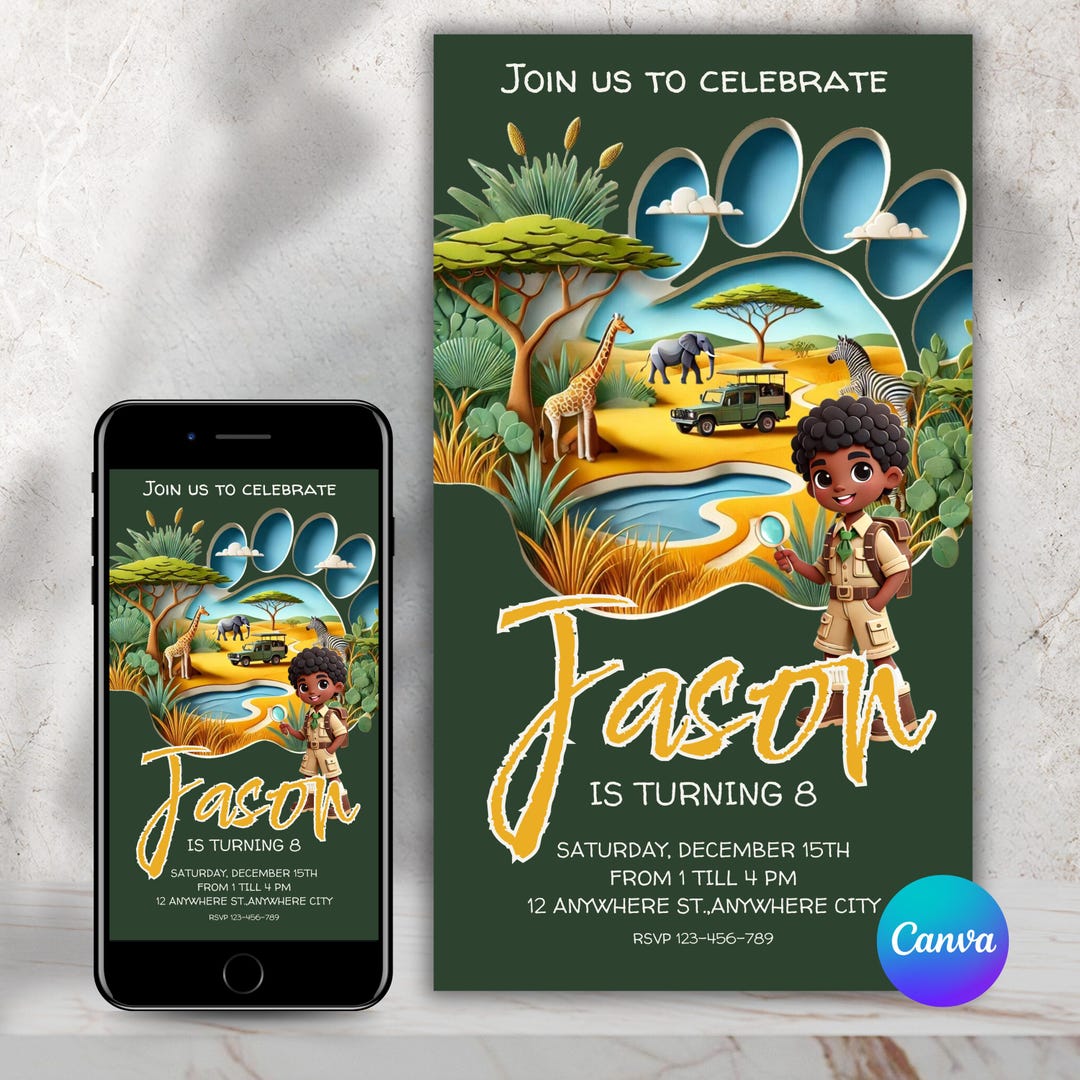 Editable Safari Birthday Invitation Jungle Animals Party Invite ...