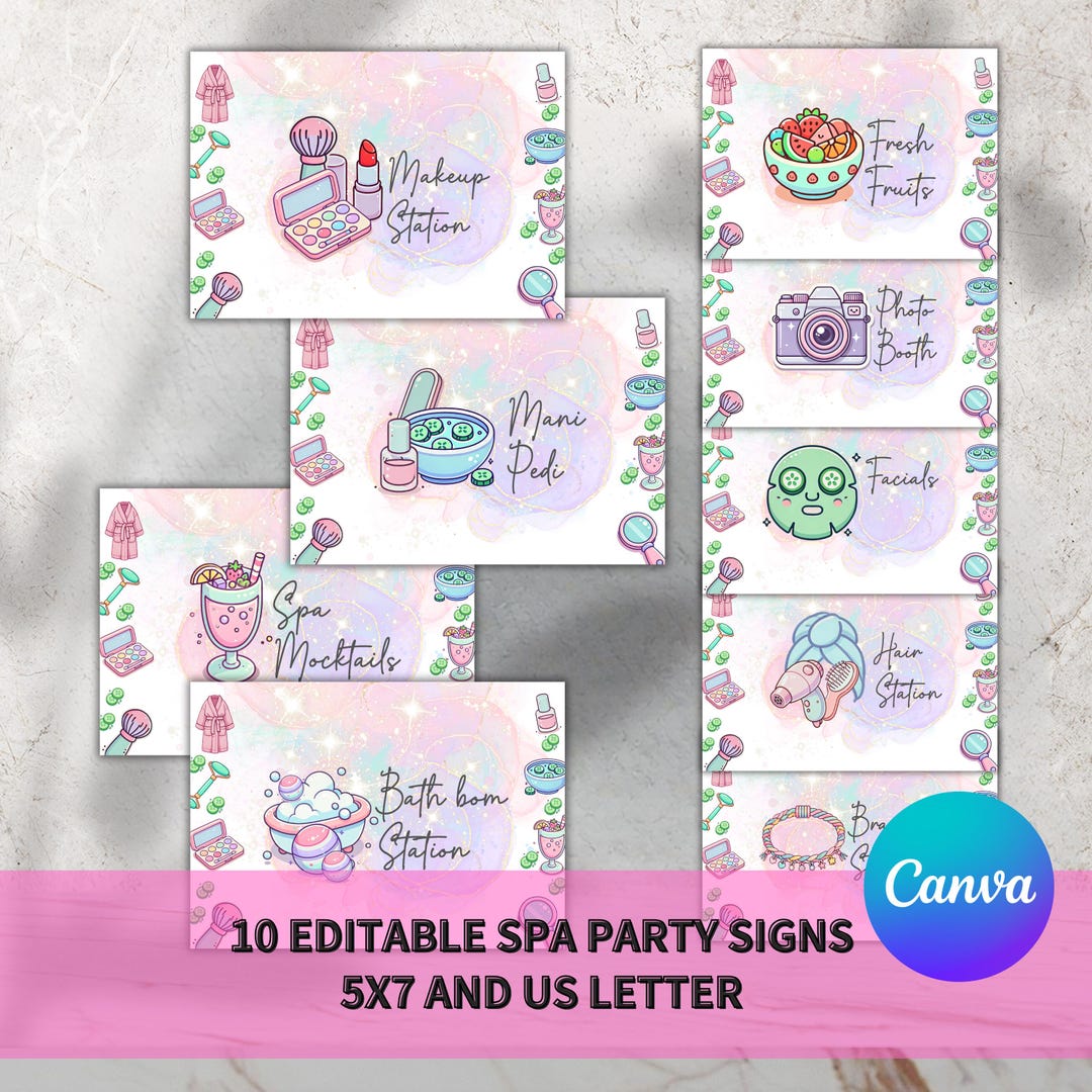 Editable Spa Party Signs - 10 Printable Canva Templates for DIY Spa ...