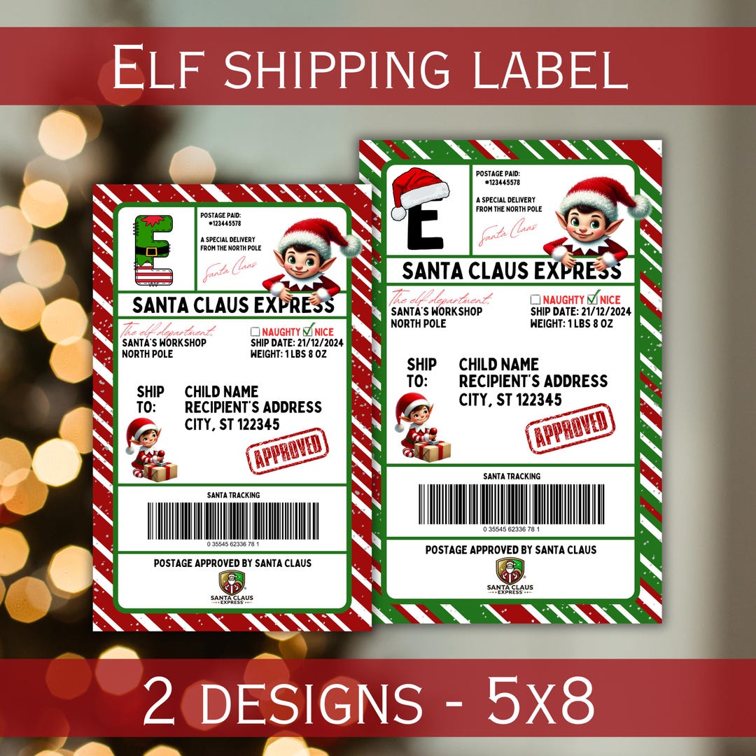 Set of 2 Elf Shipping Labels Santa Claus Express Shipping Labels ...