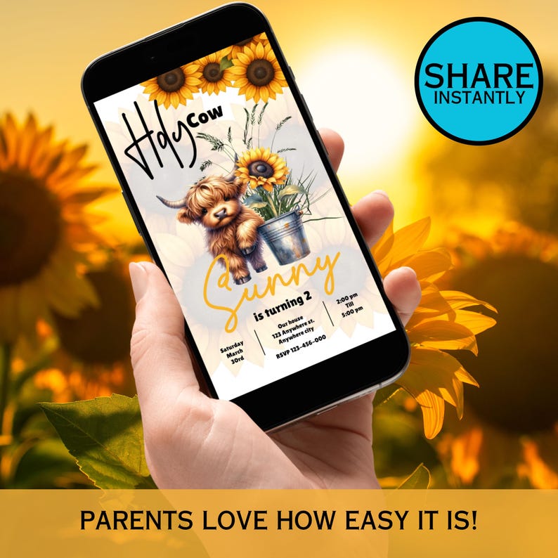 Highland Cow Birthday Invitation With Sunflowers | Editable Canva ...