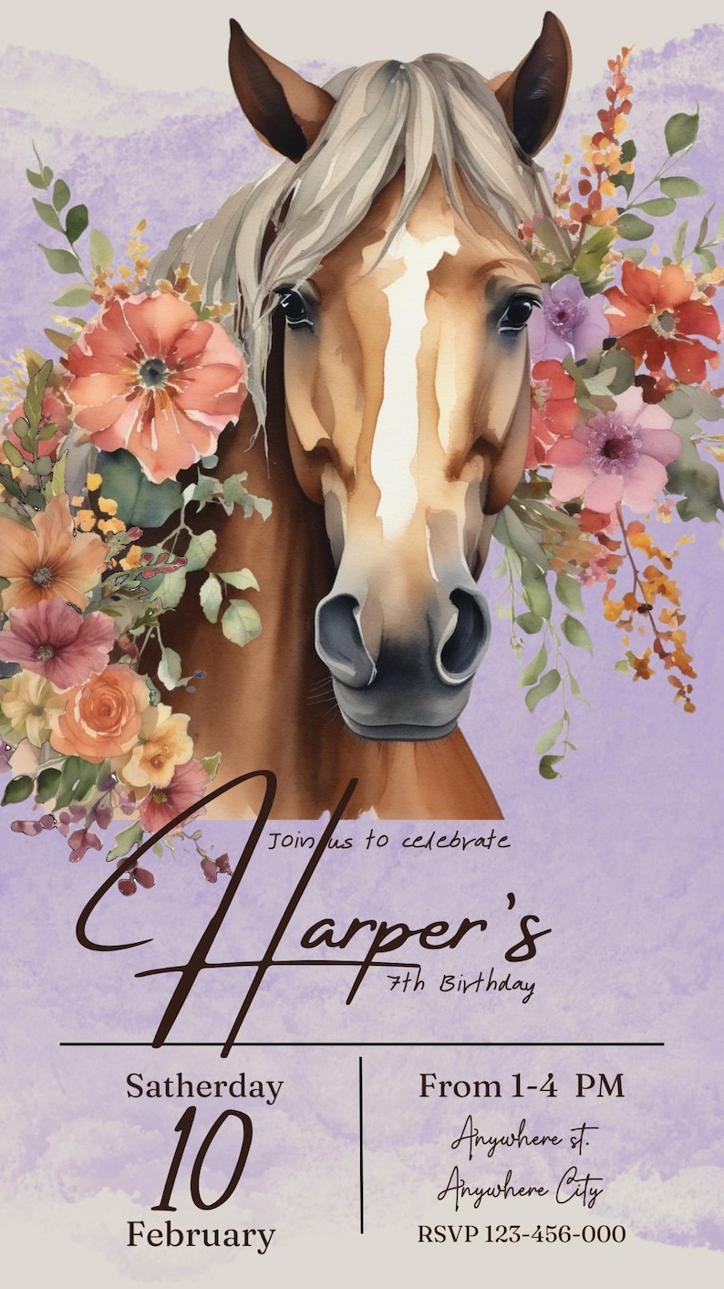 Horse Floweral Theme Birthday Invitation for Girls Horses Themed ...