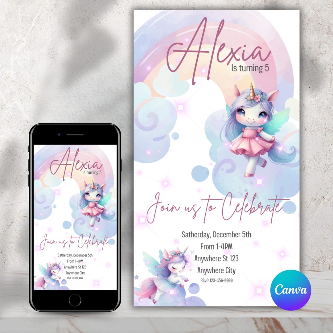 Editable Rainbow Unicorn Invitation for Girls – Digital Birthday Party ...