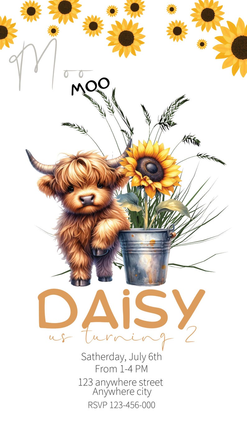 Editable Highland Cow and Sunflower Birthday Invitation, Moo Moo Themed ...