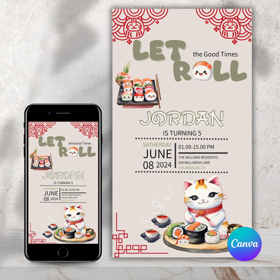 Kawaii Sushi Birthday Invitation | Japanese Theme, Kids Party (digital ...
