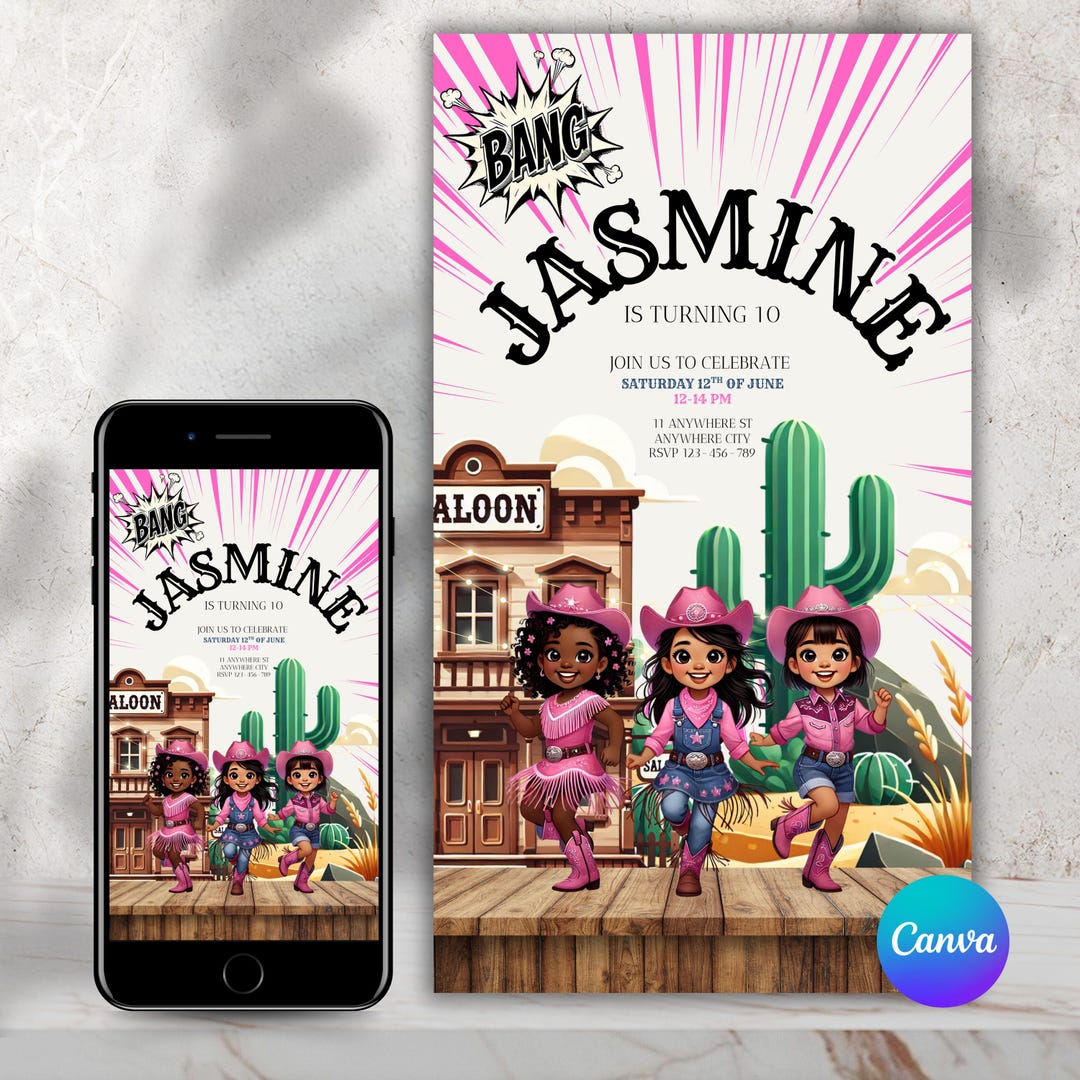 Cowgirl Birthday Invitation – Pink Western Party Editable Canva ...