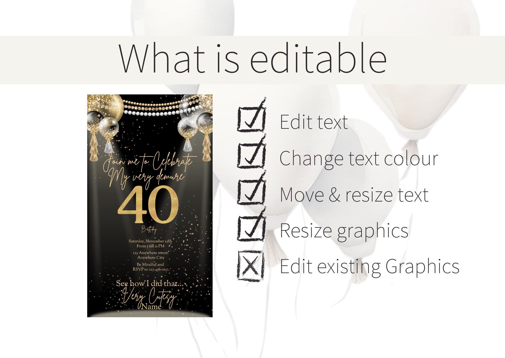 Elegant 40th Demure Birthday Invitation With Glamorous Gold Accents ...