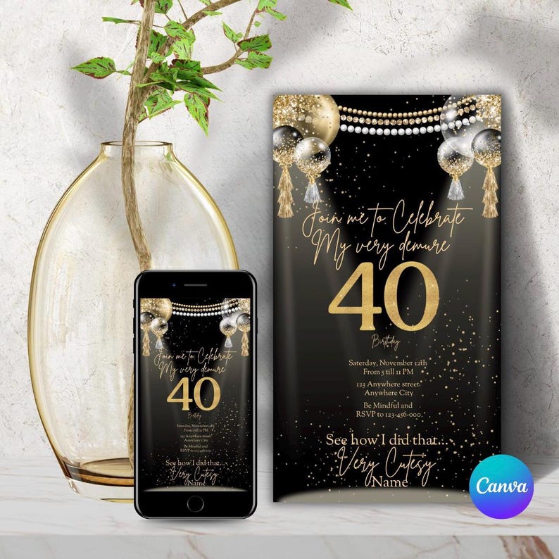 Elegant 40th Demure Birthday Invitation With Glamorous Gold Accents ...