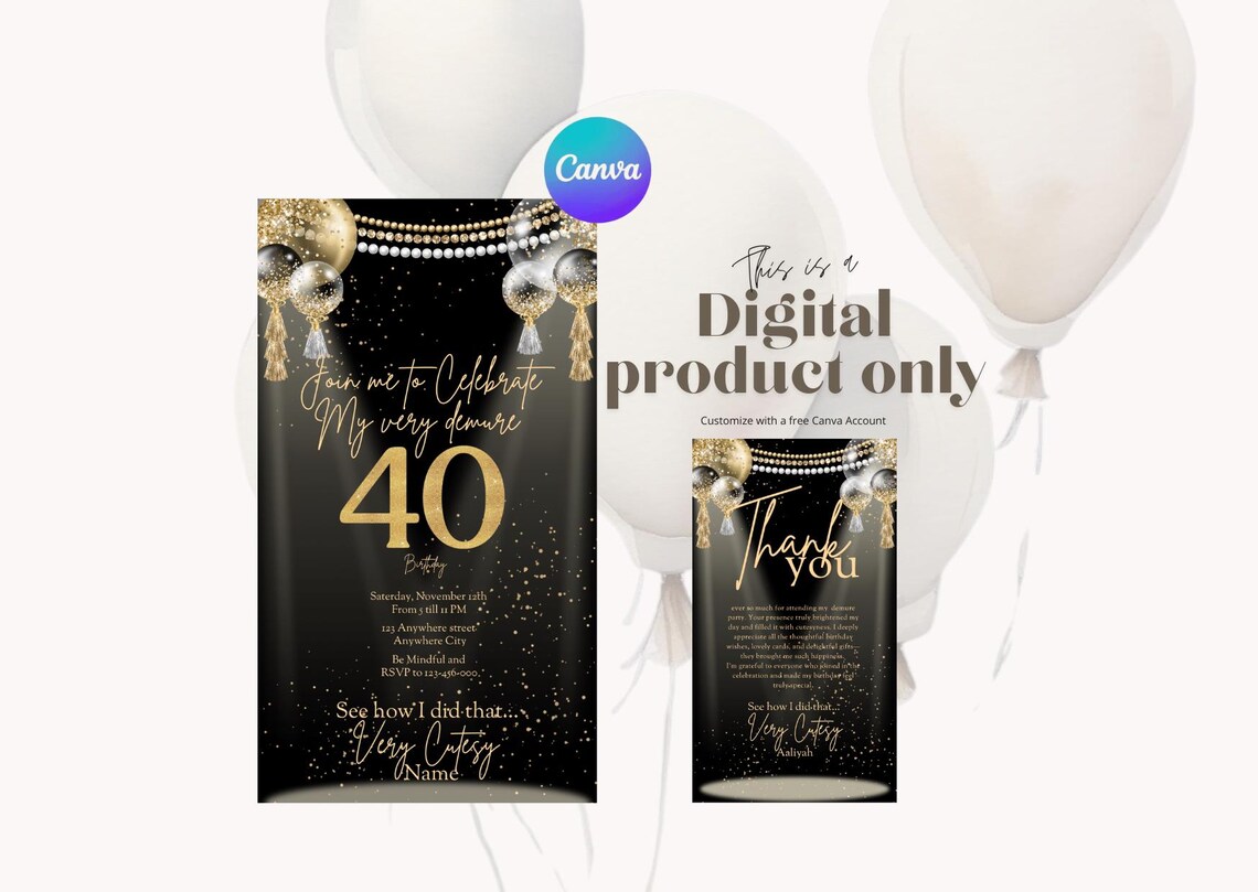 Elegant 40th Demure Birthday Invitation With Glamorous Gold Accents ...