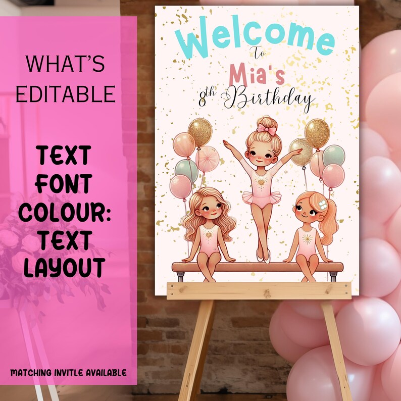 Gymnast Birthday Welcome Sign – Editable Girl Gymnastics Party Decor ...