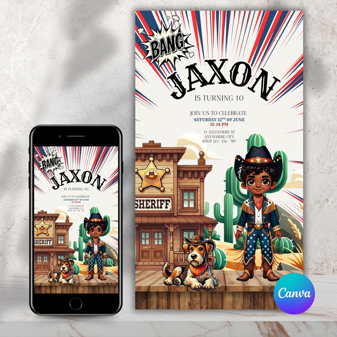 Sheriff Cowboy Birthday Invitation for Boys – Editable Comic Rodeo ...