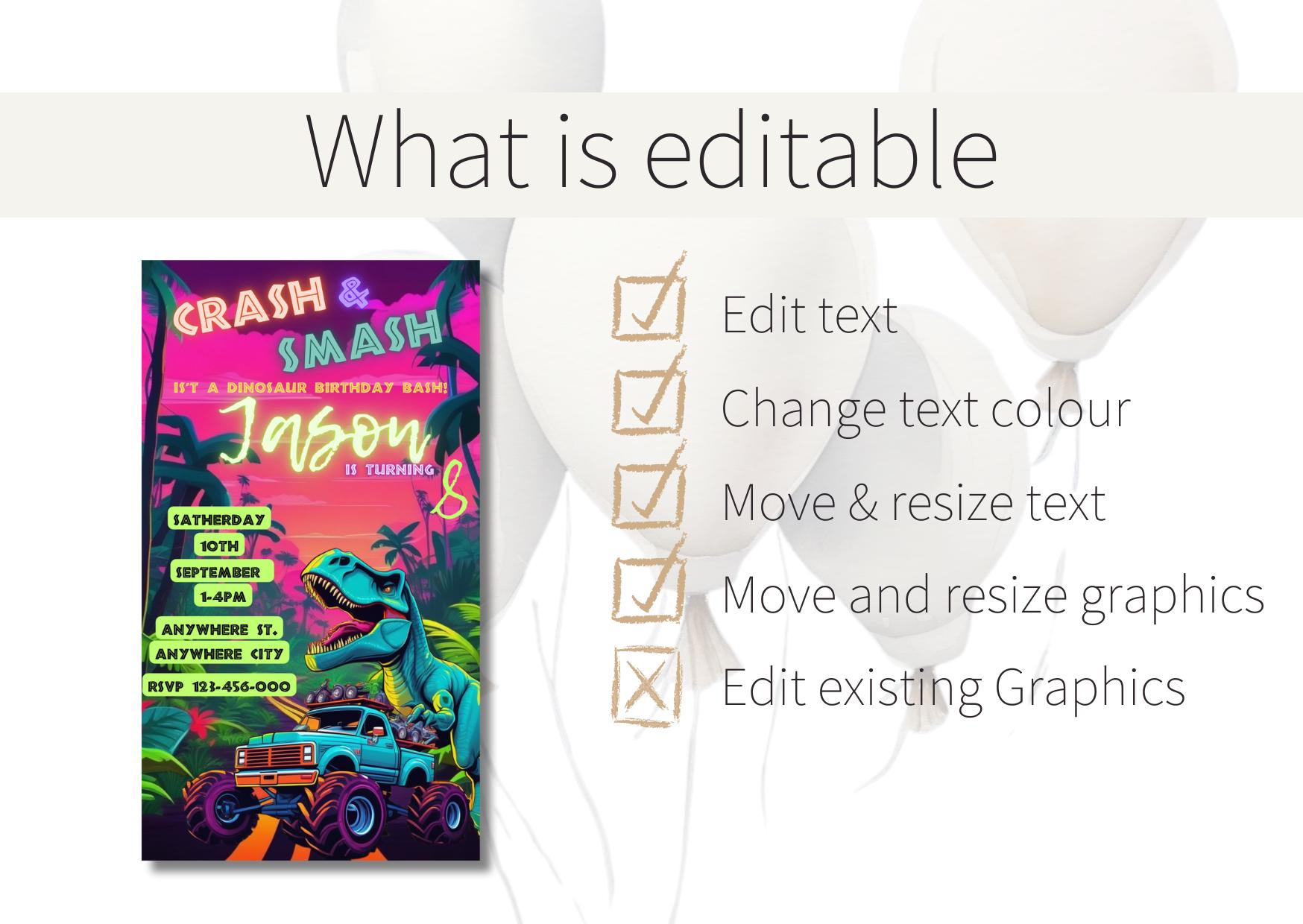 Crash & Smash Dinosaur Birthday Invitation, Monster Truck Party ...