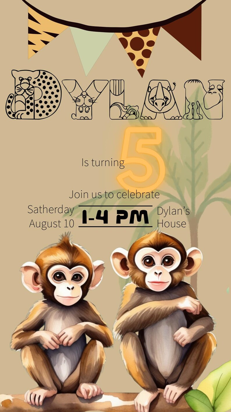 Safari Jungle Theme Birthday Invitation With Cute Monkeys Editable ...