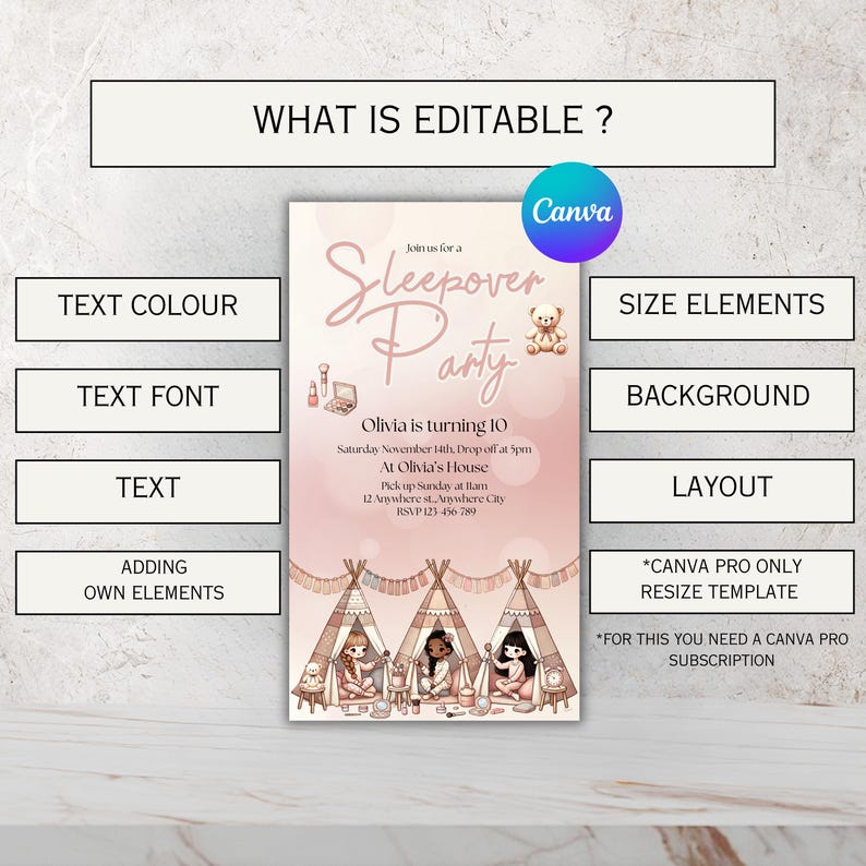 Sleepover Party Birthday Invitation | Editable Girls Teepee Canva ...