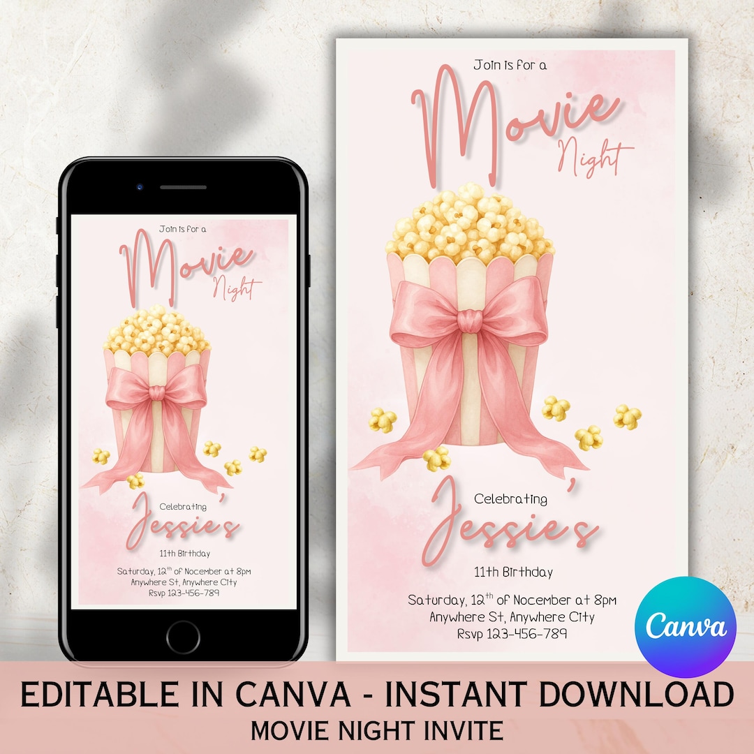 Pink Popcorn Movie Night Invitation, Girls Birthday (canva Editable ...