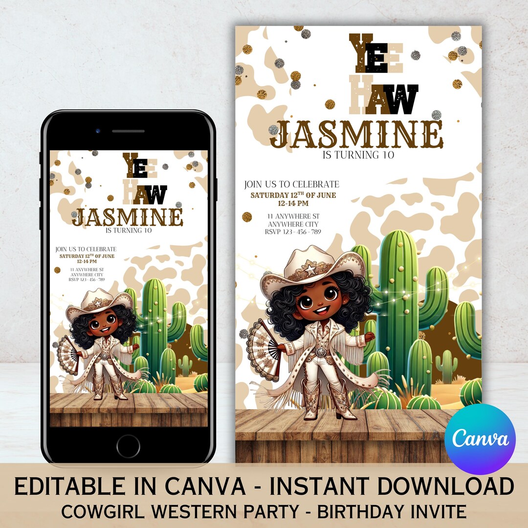 Cowgirl Birthday Invitation for Girls – Editable Canva Template – Glam ...