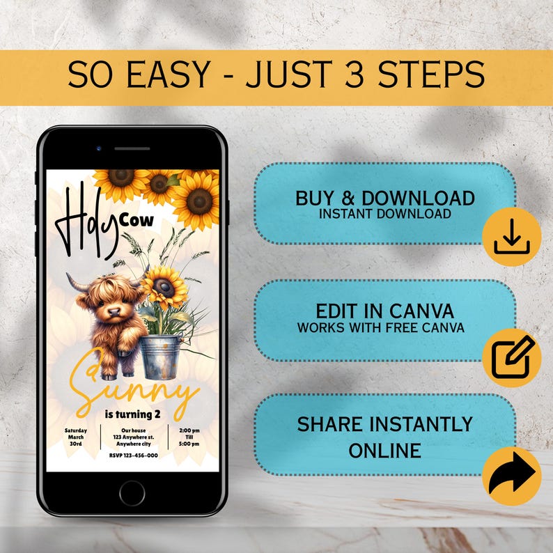 Highland Cow Birthday Invitation With Sunflowers | Editable Canva ...