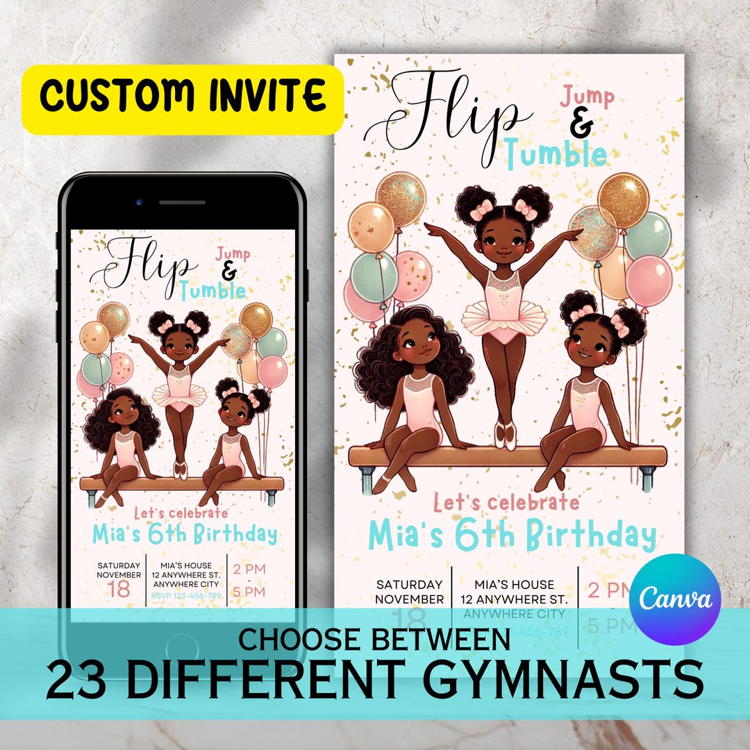 Flip, Jump & Tumble Gymnastics Birthday Invitation | Customizable Kids ...