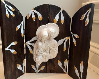 Virgin Mary- Sacred Heart- Religious Art-catholic Icon-catholic Triptych-wooden Shrine ...