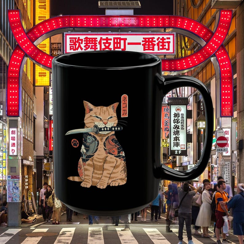 Yakuza Cat Black Mug: Japanese Tattoo Kitty Coffee Cup - Etsy
