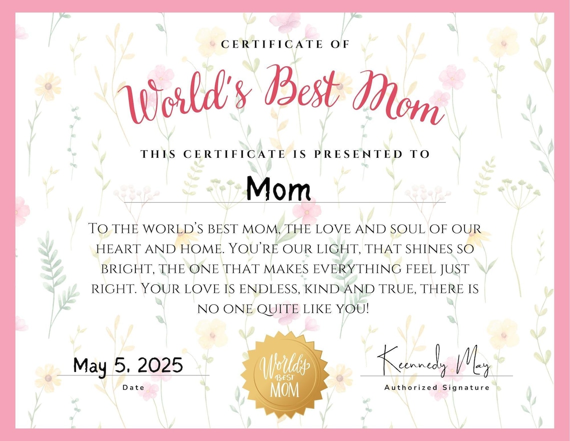 Best Mom Certificate, Printable Mother's Day, World's Best Mom, Best ...