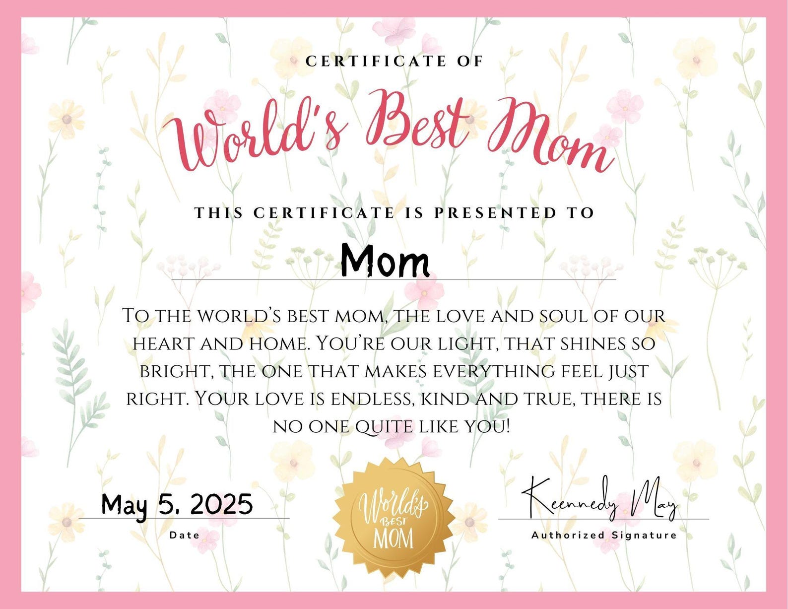 Best Mom Certificate, Printable Mother's Day, World's Best Mom, Best ...