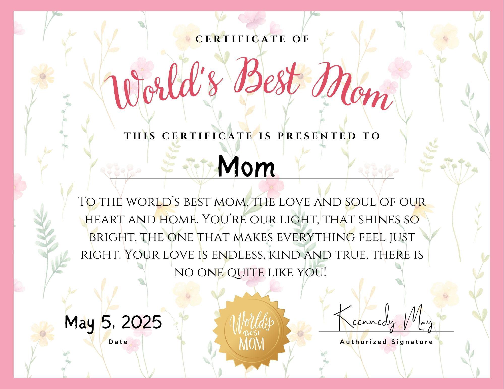 Best Mom Certificate, Printable Mother's Day, World's Best Mom, Best ...