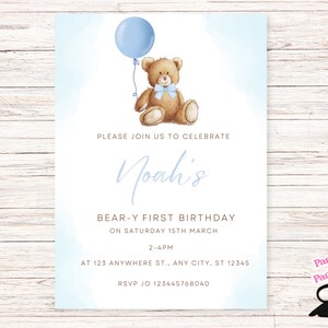 Editable Blue Beary First Birthday Invitation Template, Boys Teddy Bear ...