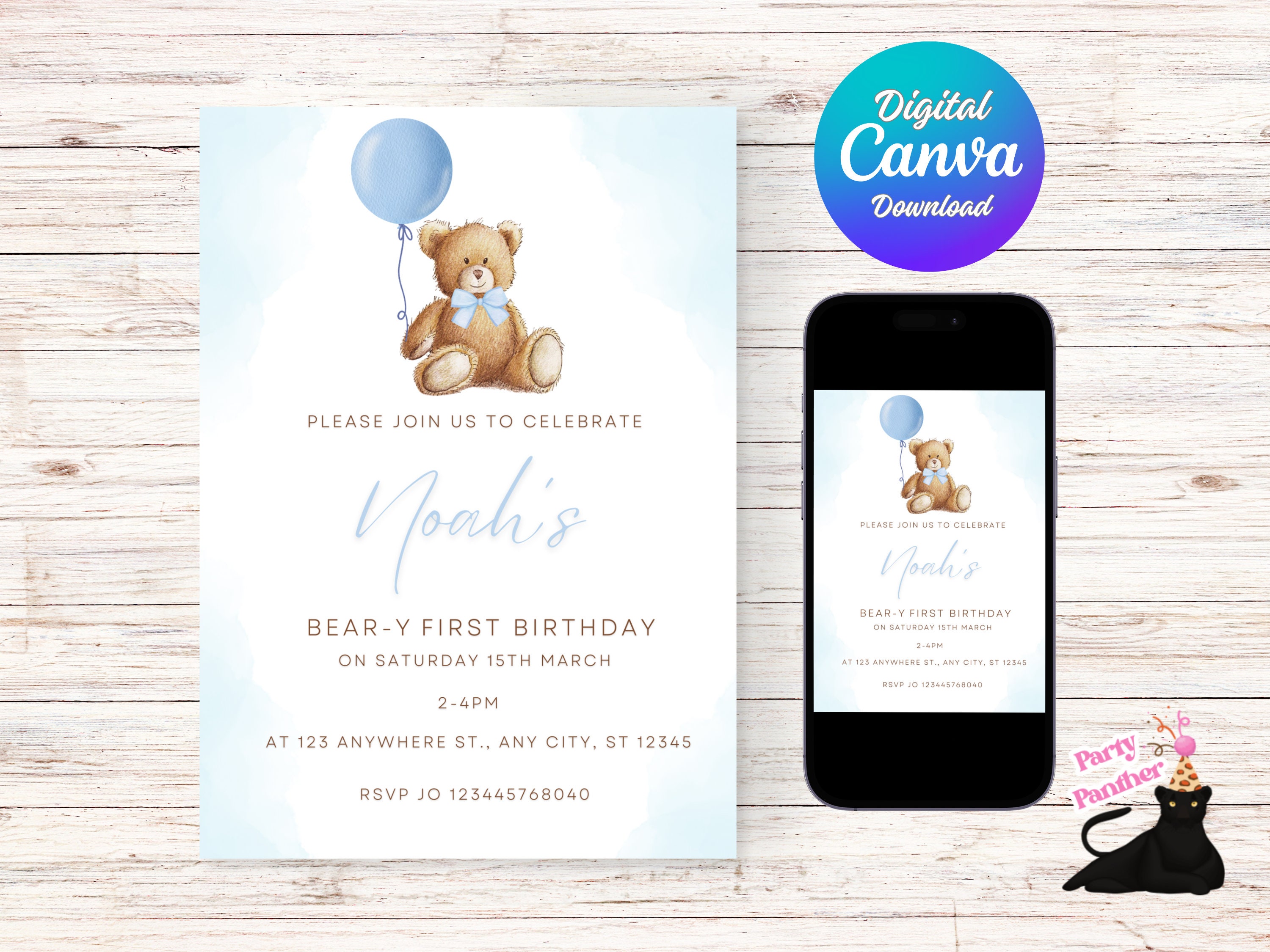 Editable Blue Beary First Birthday Invitation Template, Boys Teddy Bear ...