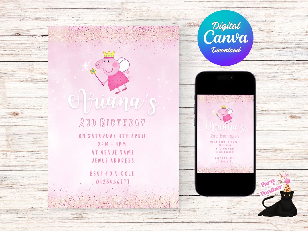 Editable Girly Pig Party Birthday Template , Princess Pig Watercolour ...