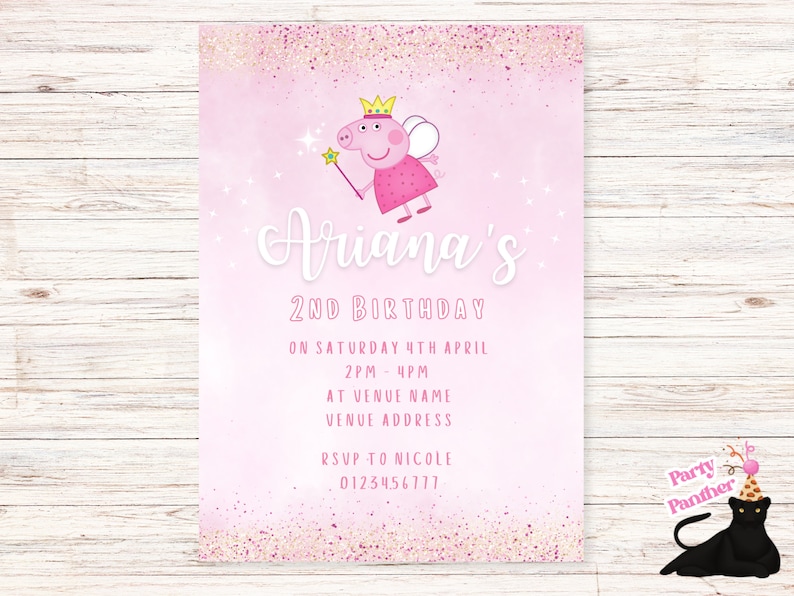 Editable Girly Pig Party Birthday Template , Princess Pig Watercolour ...