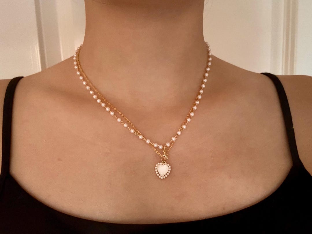 Double Chain Pearl Necklace, Heart Pendant Necklace, Pearl Necklace ...