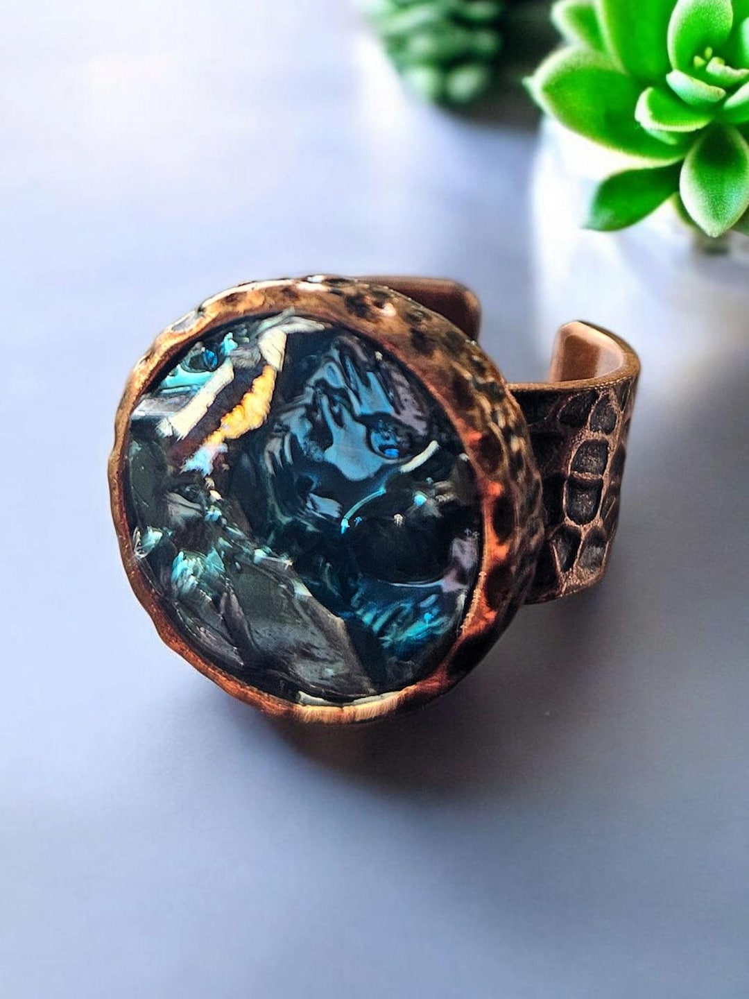 Bright Blue Bismuth Crystal Ring, Adjustable Boho Jewel, Unique ...