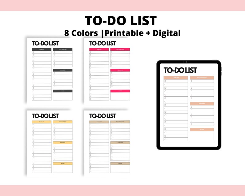Printable To-do List Bundle Digital Download in 8 Colors Perfect for ...